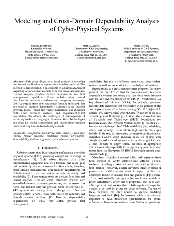 Pdf Modeling And Cross Domain Dependability Analysis Of Cyber Physical Systems