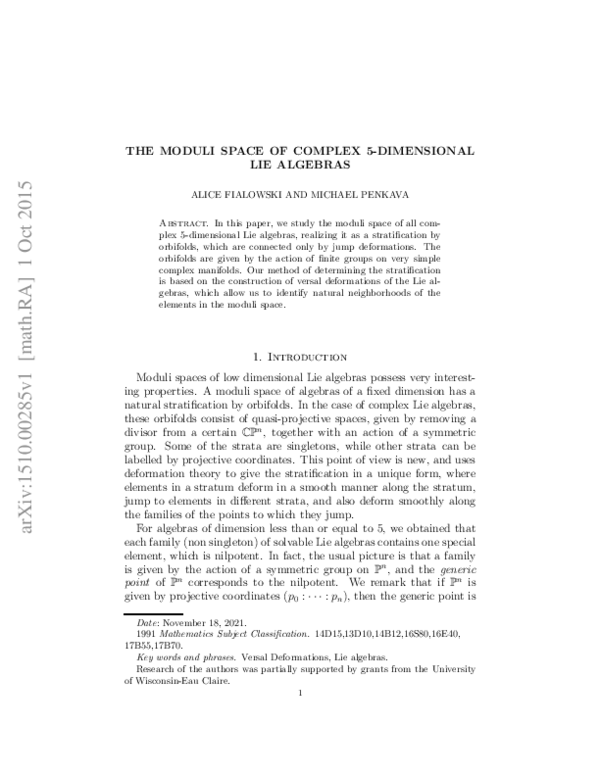 (PDF) Moduli Space and Deformations of 5D Complex Lie Algebras