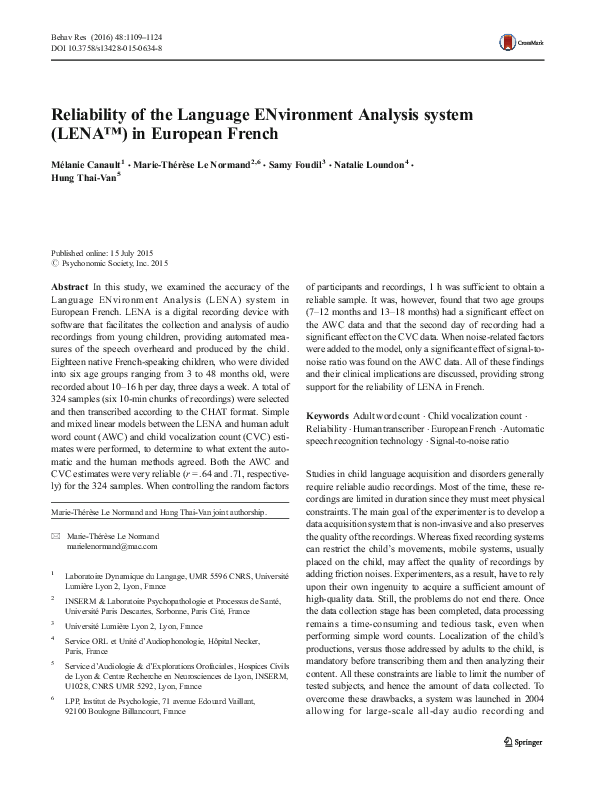 (PDF) Reliability of the Language ENvironmentAnalysis system (LENA™) in ...