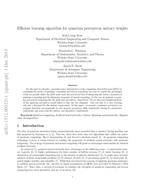 (PDF) Efficient learning algorithm for quantum perceptron unitary weights | Elizabeth Behrman ...