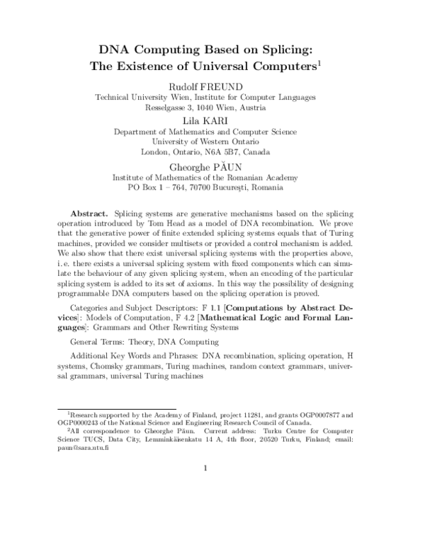 (PDF) DNA computing based on splicing: The existence of universal computers