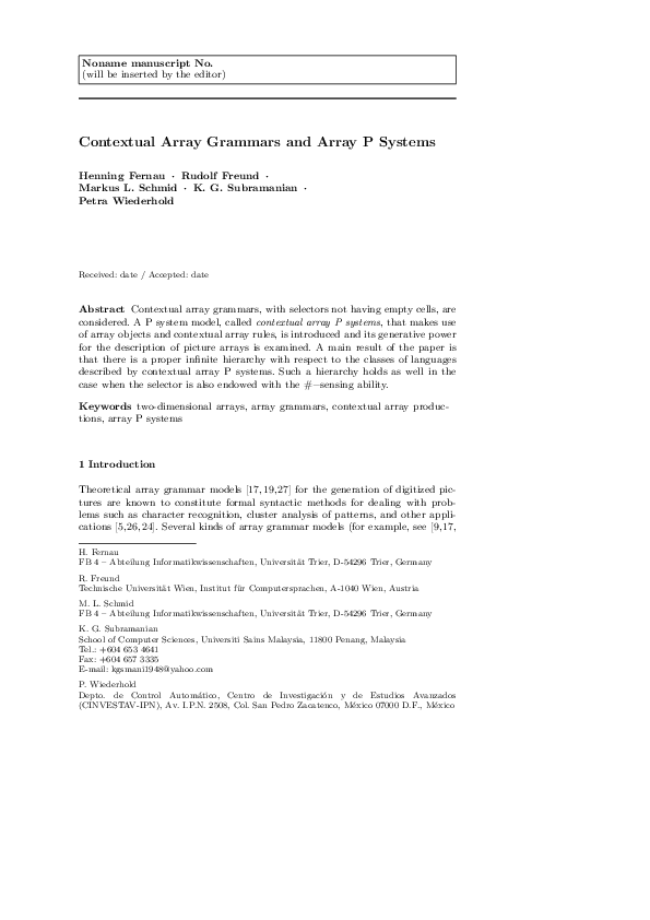 (PDF) Contextual array grammars and array P systems (PDF) Contextual array grammars and array P systems