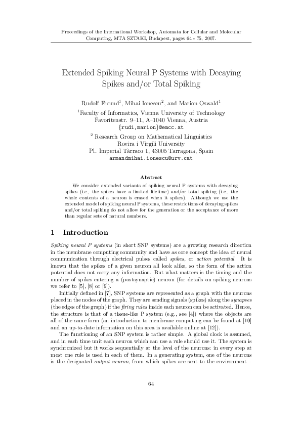 Pdf Extended Spiking Neural P Systems With Decaying Spikes And Or