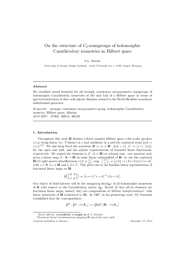 (PDF) On the structure of C0-semigroups of holomorphic Carathéodory isometries in Hilbert space