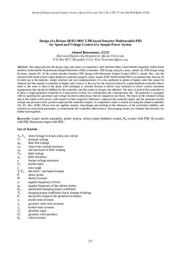 Pdf Design Of A Robust Hih2moc Lmi Based Iterative Multivariable Pid For Speed And Voltage 