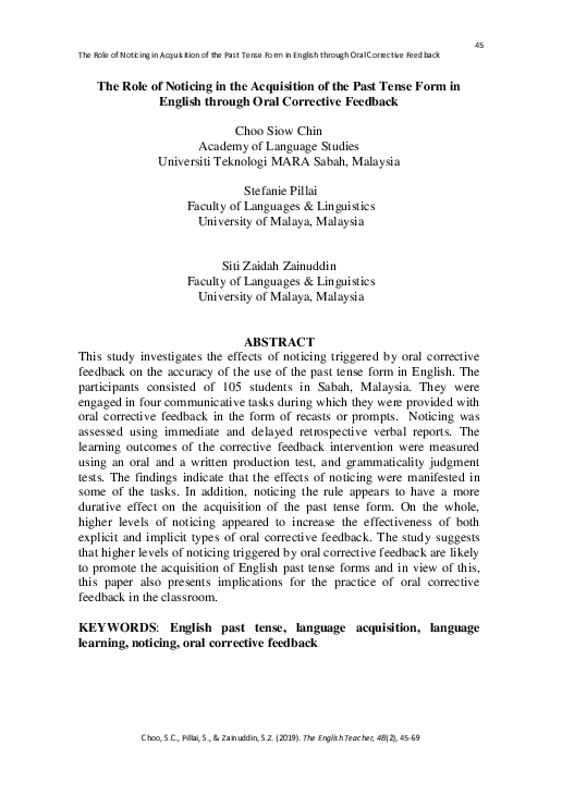(PDF) The Role of Noticing in the Acquisition of the Past Tense Form in ...