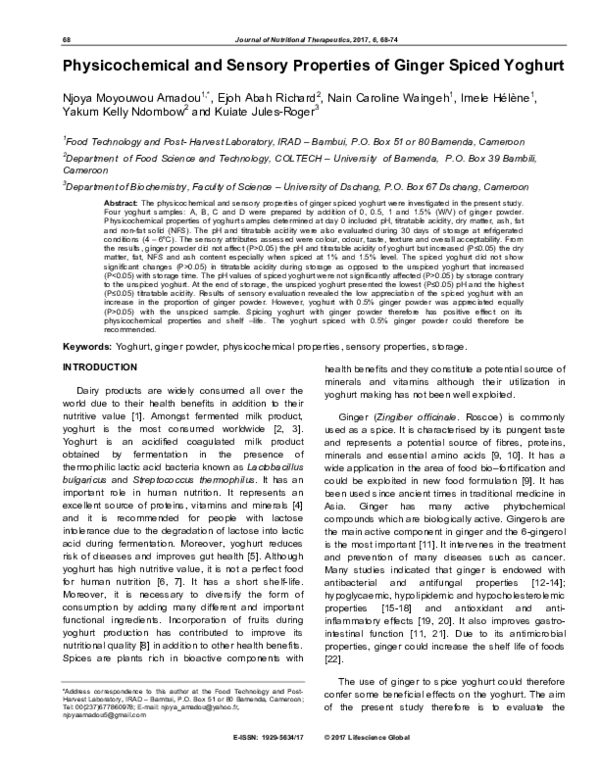 (PDF) Physicochemical and Sensory Properties of Ginger Spiced Yoghurt