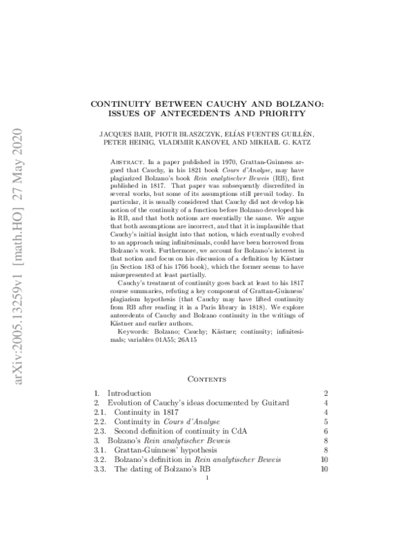 (PDF) Continuity between Cauchy and Bolzano: issues of antecedents and ...
