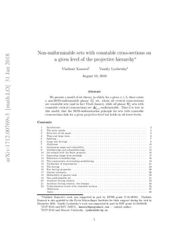(PDF) Non-uniformizable sets with countable cross-sections on a given level of the projective ...
