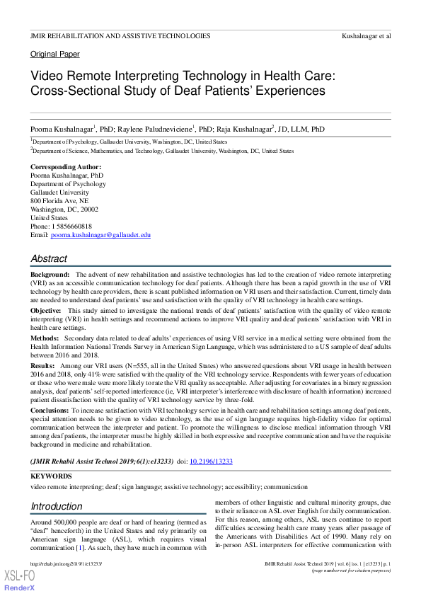 (PDF) Video Remote Interpreting Technology in Health Care of Deaf and ...