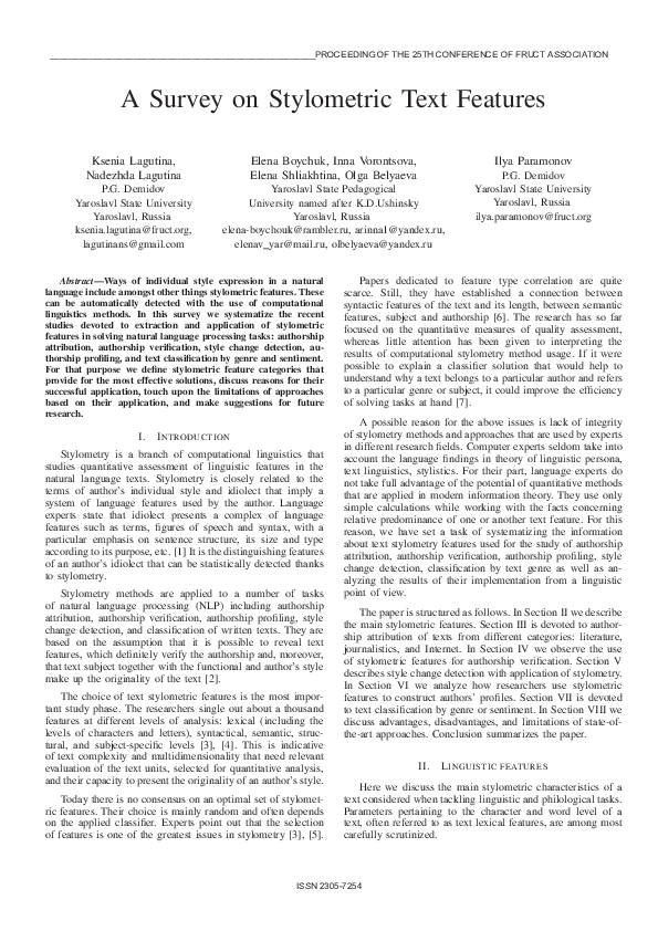 (PDF) A Survey on Stylometric Text Features