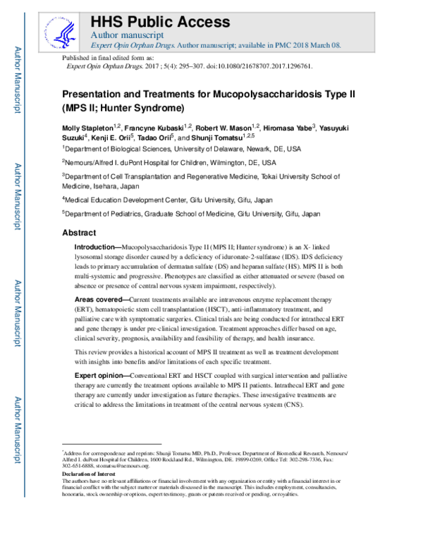 (PDF) Presentation and treatments for Mucopolysaccharidosis Type II ...