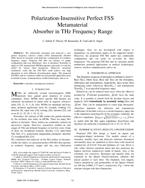 (PDF) Polarization-Insensitive Perfect FSS Metamaterial Absorber in THz ...
