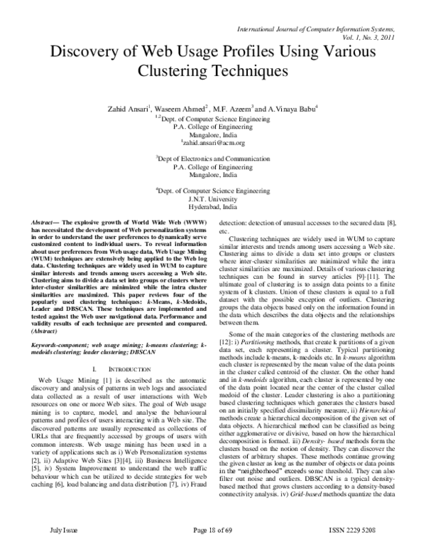 Pdf Discovery Of Web Usage Profiles Using Various Clustering Techniques 0774