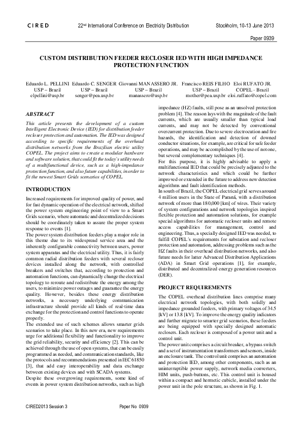 (PDF) Custom distribution feeder recloser IED with high impedance ...