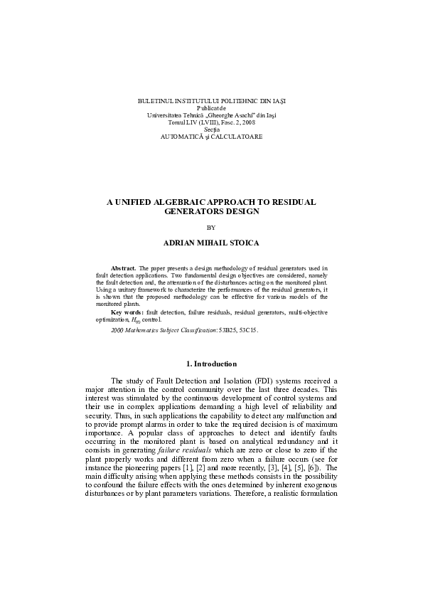 (PDF) A Unified Algebraic Approach to Residual Generators Design | ADRIAN MIHAIL STOICA ...