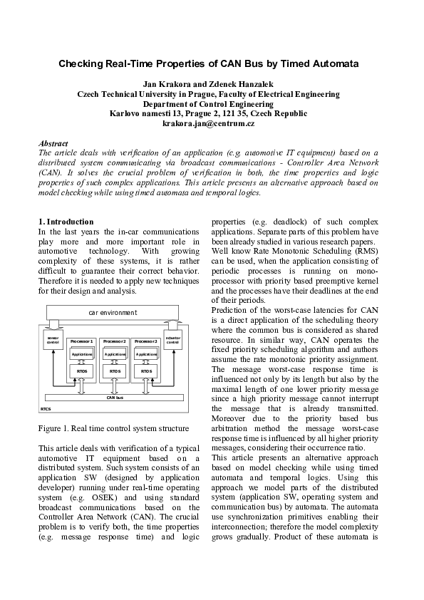 (PDF) Checking Real-Time Properties of CAN Bus by Timed automata | Zdeněk Hanzálek - Academia.edu