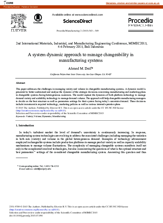 (PDF) A System Dynamic Approach to Manage Changeability in Manufacturing Systems