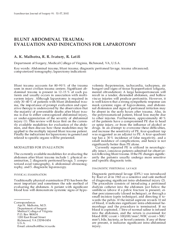 (PDF) Blunt abdominal trauma: evaluation and indications for laparotomy