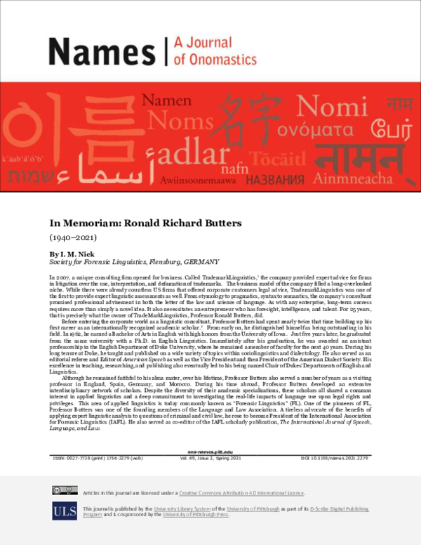 (PDF) Memoriam: Ronald Richard Butters (1940-2021)