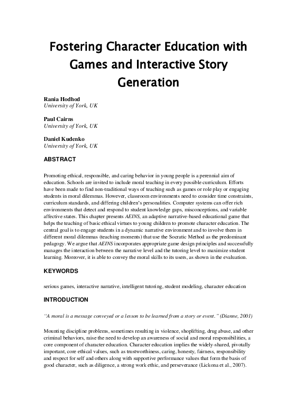 (PDF) Fostering Character Education with Games and Interactive Story