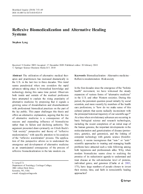 (PDF) Reflexive Biomedicalization and Alternative Healing Systems