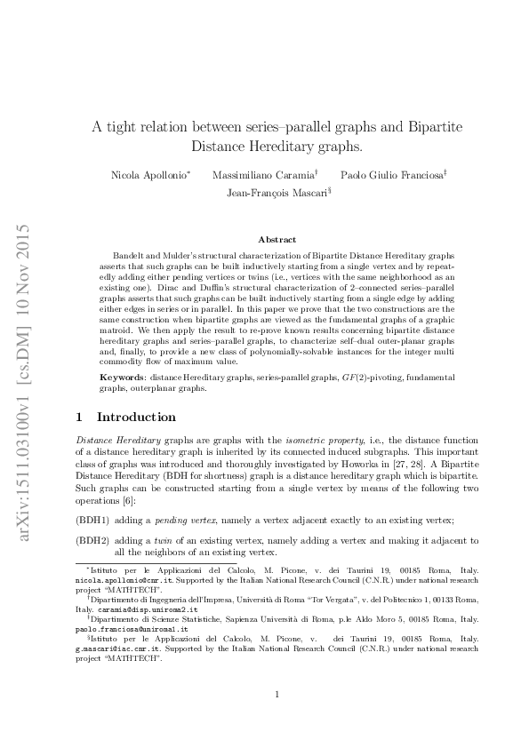 Pdf A Tight Relation Between Series Parallel Graphs And Bipartite Distance Hereditary Graphs