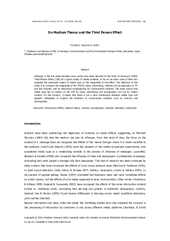 (PDF) On Medium Theory and the Third Person Effect