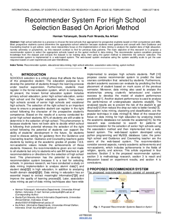(PDF) Recommender System For High School Selection Based On Apriori Method