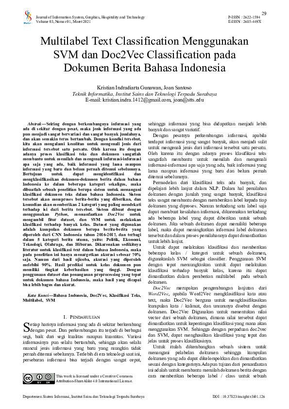 Pdf Multilabel Text Classification Menggunakan Svm Dan Doc2vec Classification Pada Dokumen