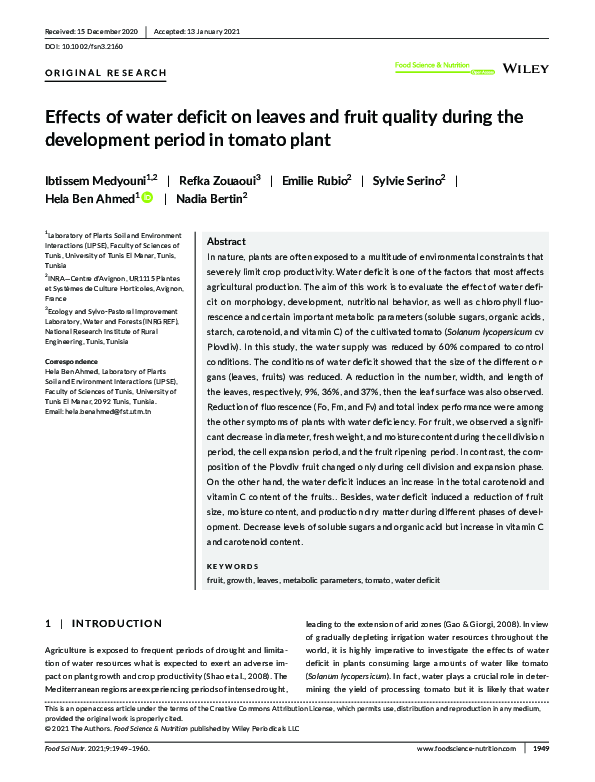 (PDF) Effects of water deficit on leaves and fruit quality during the ...