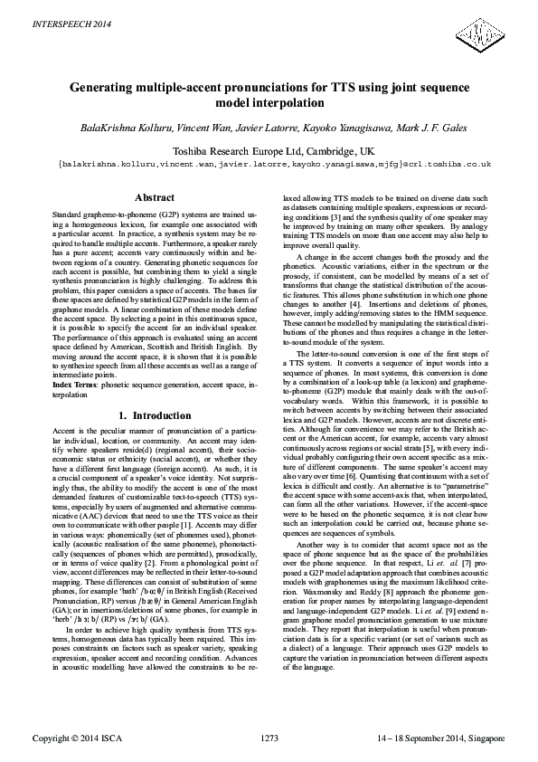 Pdf Generating Multiple Accent Pronunciations For Tts Using Joint Sequence Model Interpolation