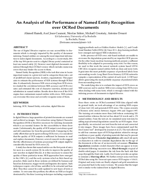 (PDF) An Analysis of the Performance of Named Entity Recognition over OCRed Documents