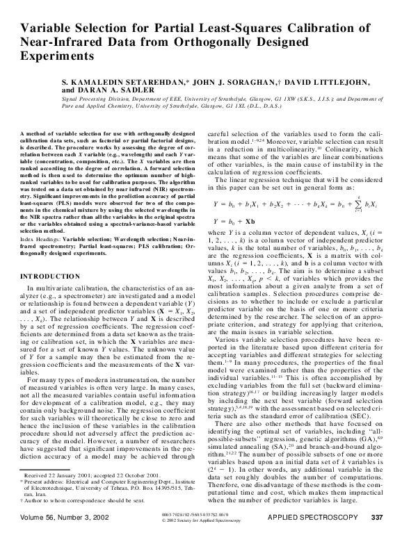 Pdf Variable Selection For Partial Least Squares Calibration Of Near Infrared Data From