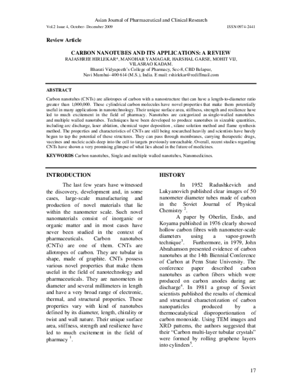 (PDF) Carbon Nanotubes And Its Applications: A Review