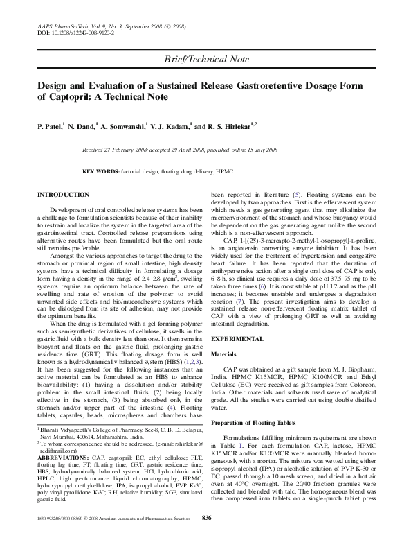 (PDF) Sustained Release Floating Tablet of Captopril