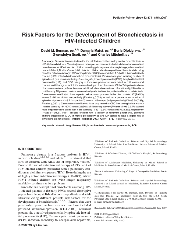 (PDF) Risk factors for the development of bronchiectasis in HIV ...