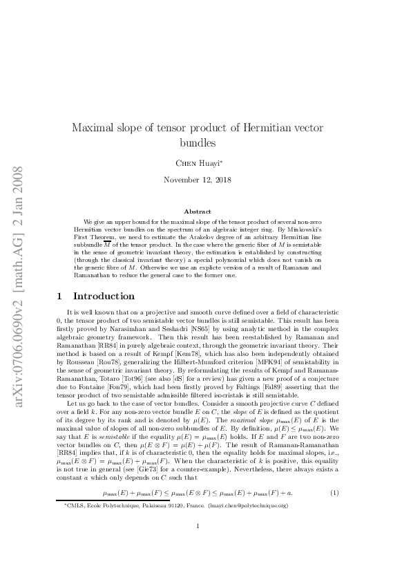 Pdf Maximal Slope Of Tensor Product Of Hermitian Vector Bundles