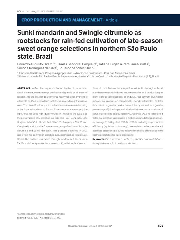 (PDF) Sunki mandarin and Swingle citrumelo as rootstocks for rain-fed ...