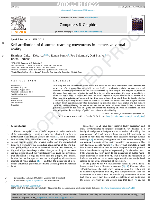 (PDF) Self-attribution of distorted reaching movements in immersive ...