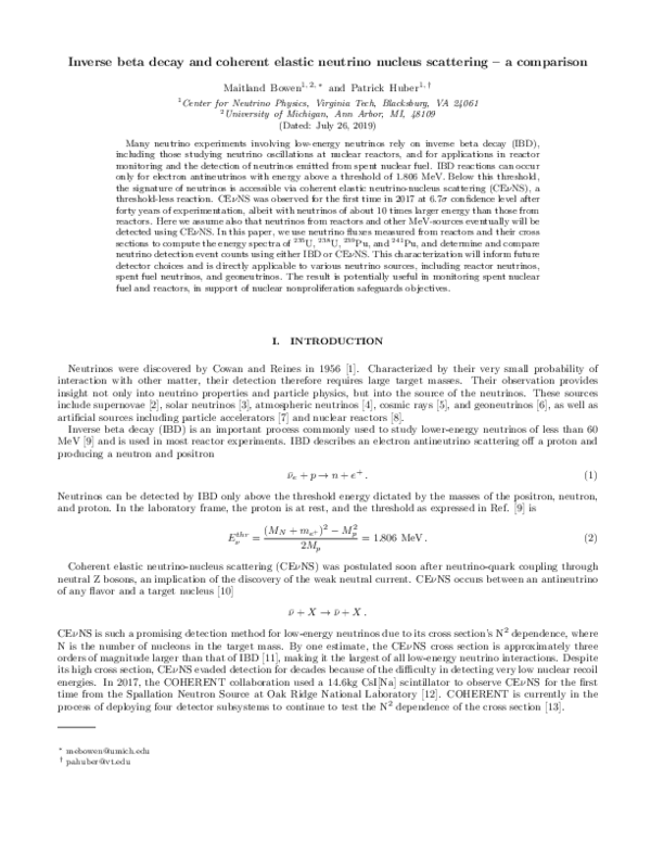 (PDF) Inverse beta decay and coherent elastic neutrino nucleus ...