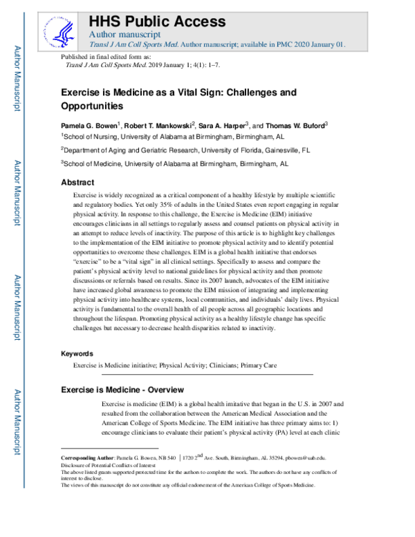 (PDF) Exercise Is Medicine as a Vital Sign: Challenges and Opportunities