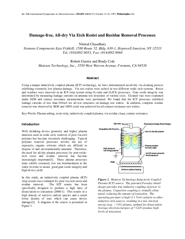 (PDF) Damage-free, All-dry Via Etch Resist and Residue Removal Processes