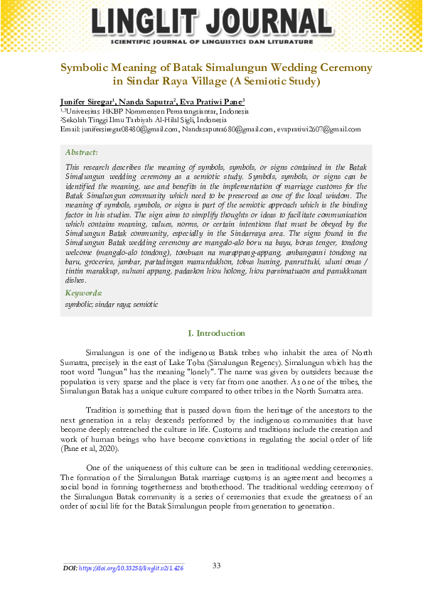 (PDF) Symbolic Meaning of Batak Simalungun Wedding Ceremony in Sindar ...