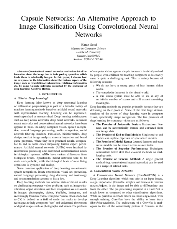 Pdf Capsule Networks An Alternative Approach To Image Classification