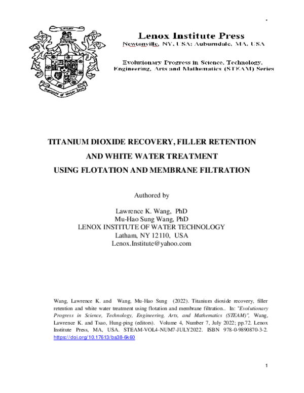 (PDF) TITANIUM DIOXIDE RECOVERY, FILLER RETENTION AND WHITE WATER ...