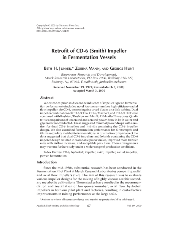 (PDF) Retrofit of CD-6 (Smith) Impeller in Fermentation Vessels