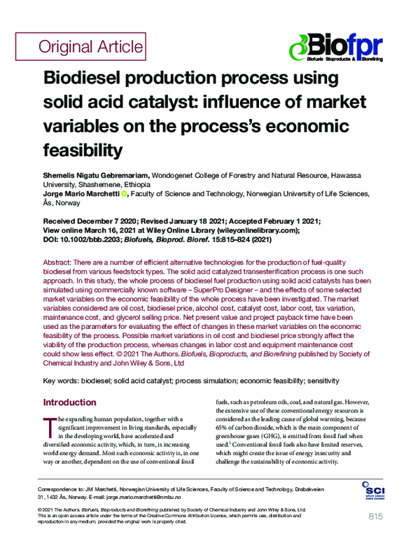 (PDF) Biodiesel production process using solid acid catalyst: influence ...