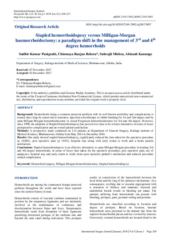 (PDF) Stapled hemorrhoidopexy versus Milligan-Morgan haemorrhoidectomy ...