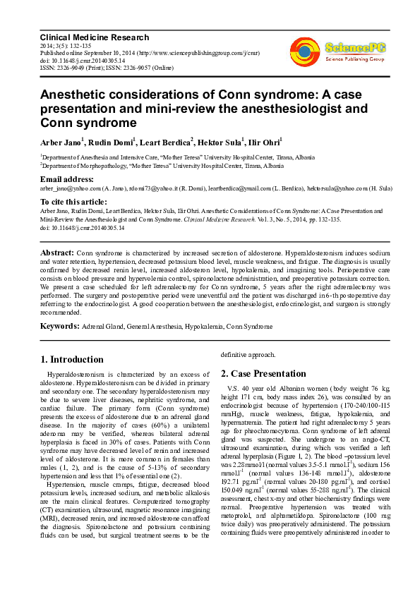 (PDF) Anesthetic Considerations of Conn Syndrome: A Case Presentation and Mini-Review the ...
